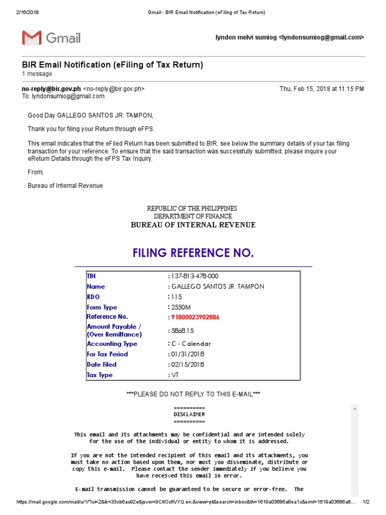 M-VAT 012018 BIR Email Notification (EFiling of Tax Return) | Gmail | Taxes