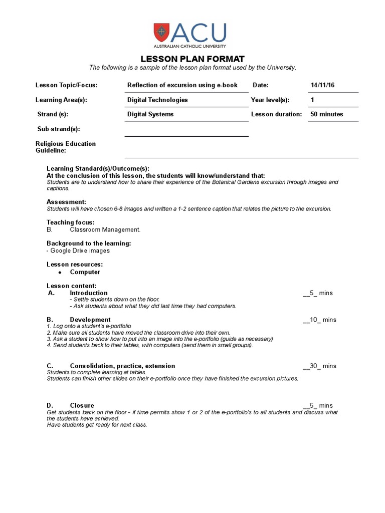 Lesson Plan Format: The Following Is A Sample of The Lesson Plan Format ...