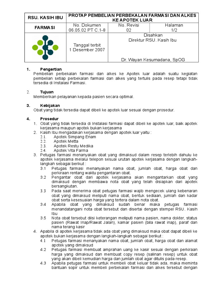 PT c.1-8 Protap Pembelian Perbekalan Farmasi Dan Alkes Ke Apotek Luar Rev.02 | PDF