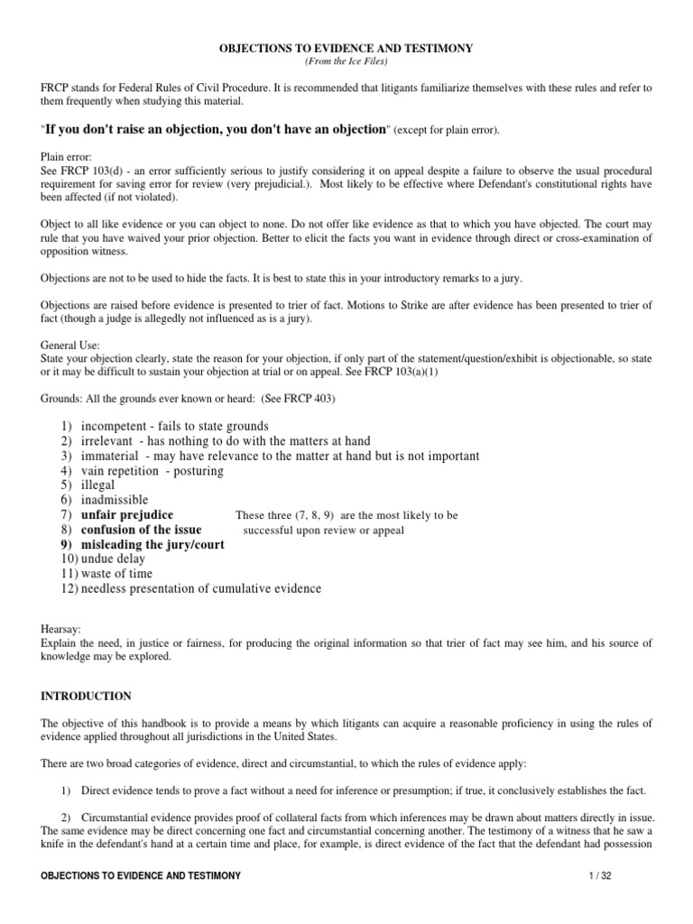 Objections To Evidence and Testimony | PDF | Hearsay | Evidence (Law)