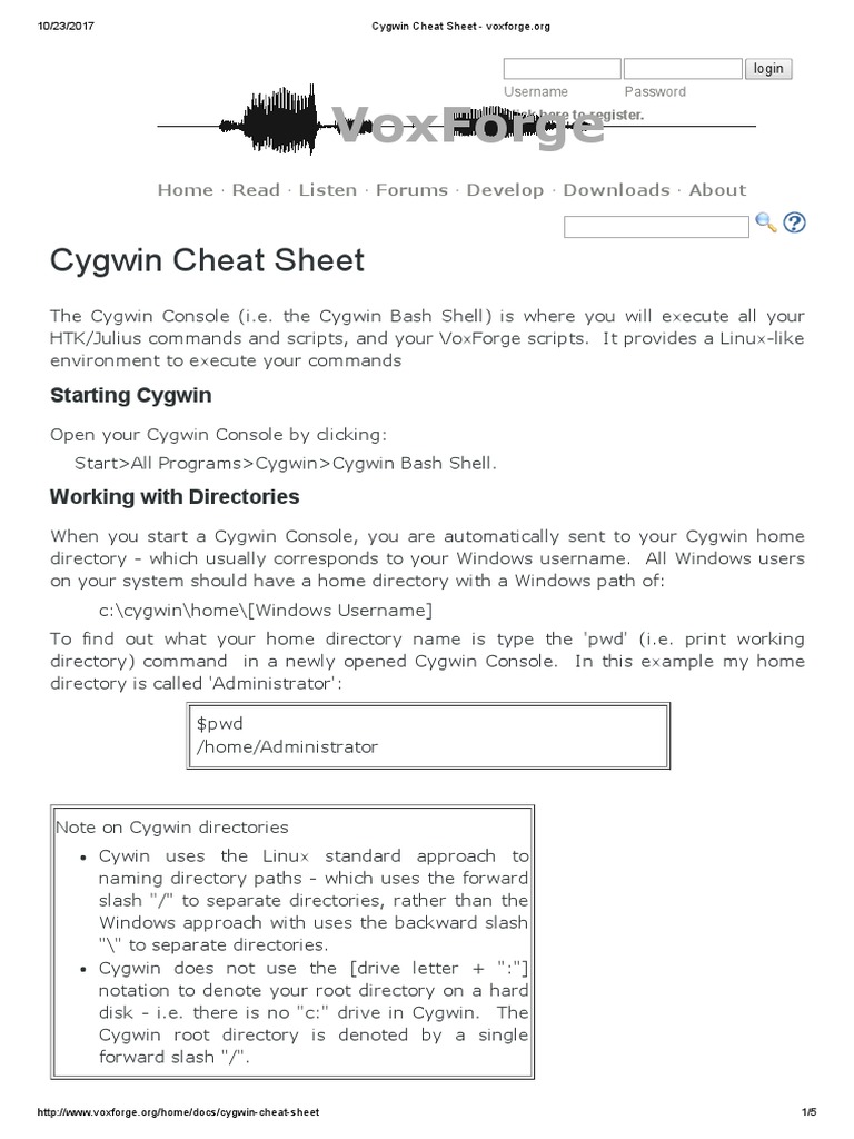 Cygwin Cheat Sheet Voxforge Pdf Computer File Directory Computing
