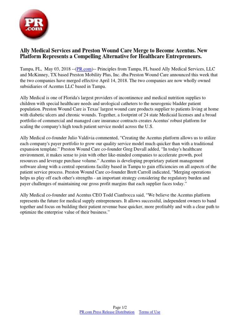 Ally Medical Services and Preston Wound Care Merge To Become Acentus ...