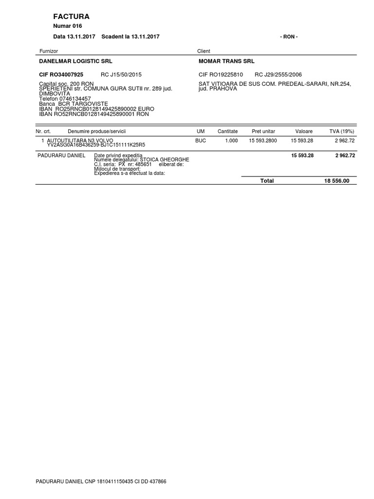Volvo Invoice - MOMAR TRANS SRL | PDF