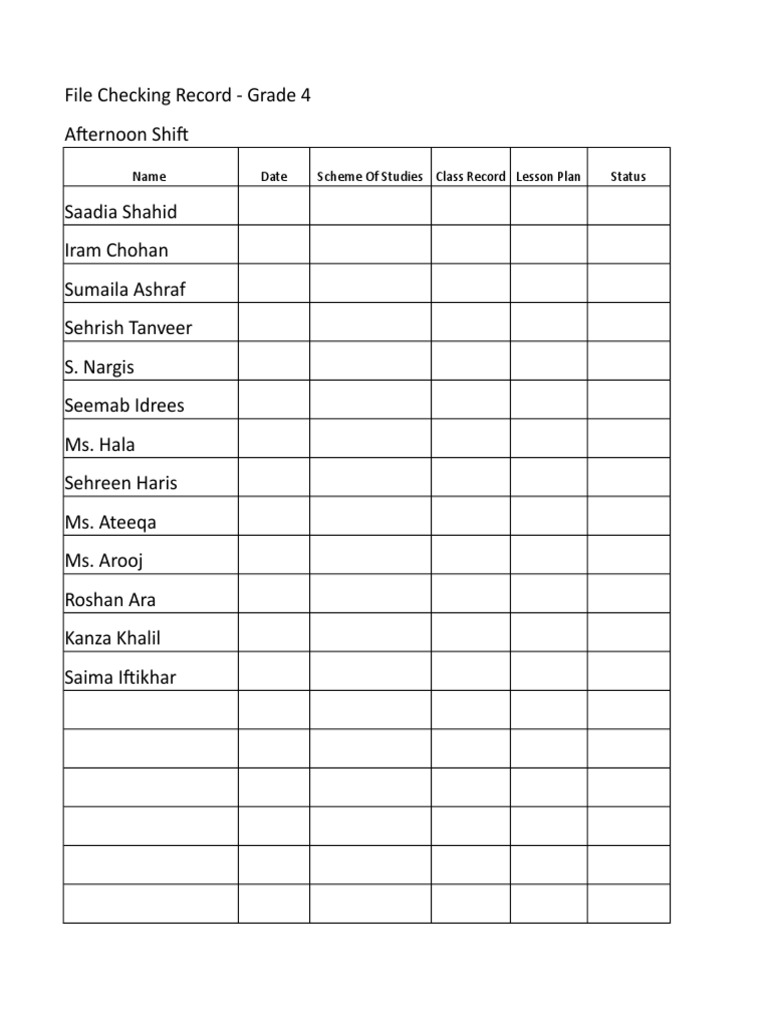 File Checking Record - Grade 4 Afternoon Shift: Name Date Scheme of ...