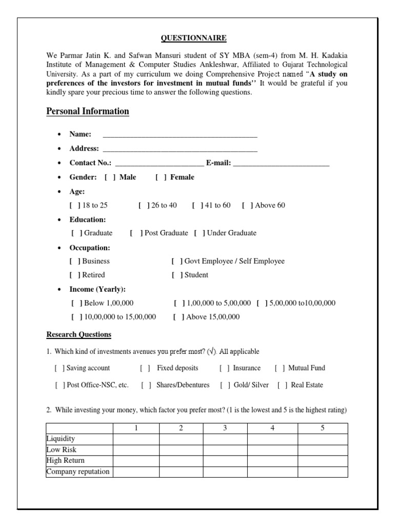 Questionnaire On Mutual Fund Invetment | PDF | Mutual Funds | Investing