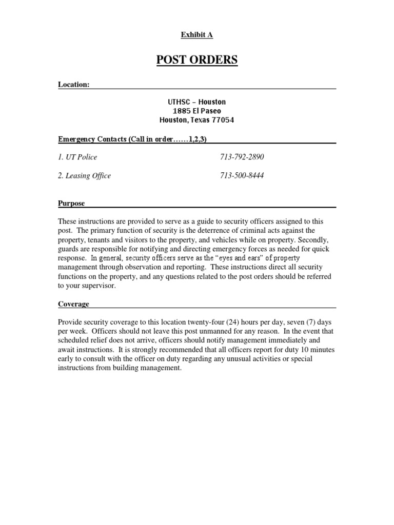 Exhibit+A Post+Orders | PDF | Security Guard | Lease