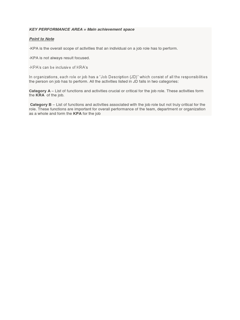 KEY PERFORMANCE AREA Main Achievement Space Point To Note: Category A ...