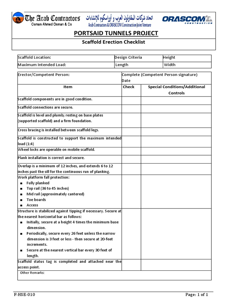 010-Scaffold Erection Checklist PDF | PDF