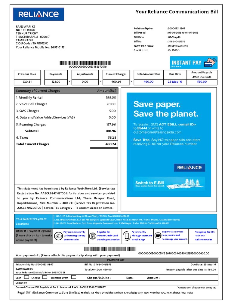 Your Reliance Communications Bill | PDF | Roaming | Payments