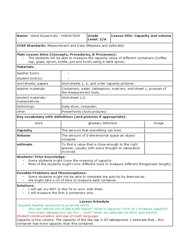 Capacity Lesson Plan 1 | PDF | Tablespoon | Lesson Plan