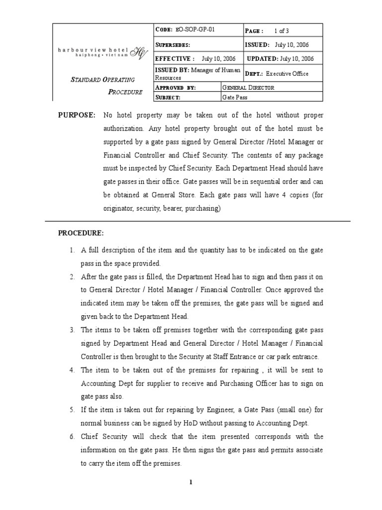Gate Pass Procedure for Hotel Property | PDF | Security Guard | Accounting