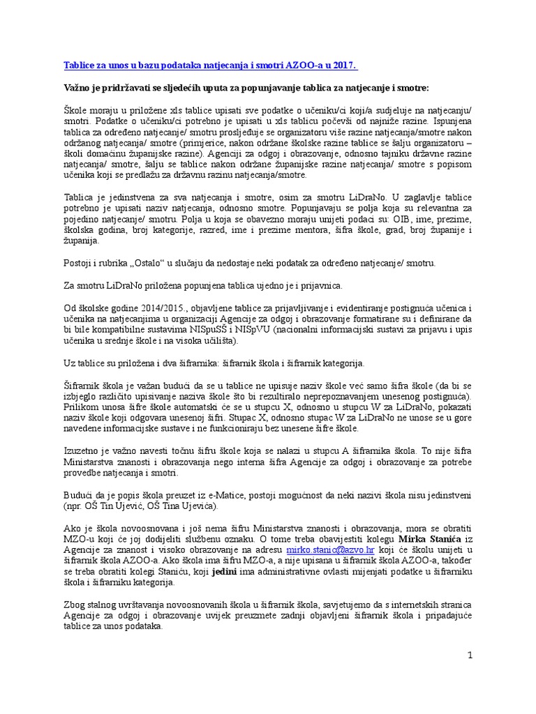 Uputa Za Popunjavanje Tablica | PDF