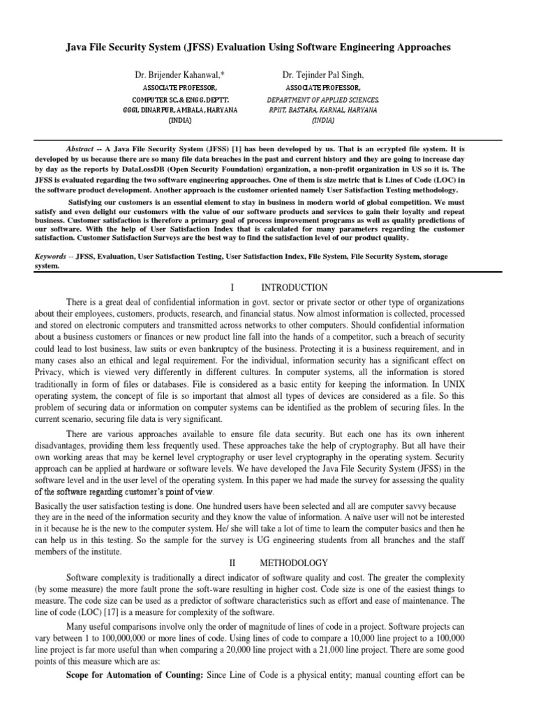 Java File Security System (JFSS) Evaluation Using Software Engineering ...