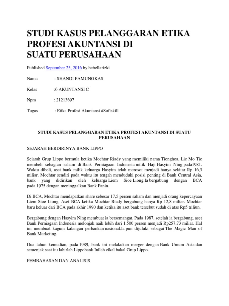 Studi Kasus Pelanggaran Etika Profesi Akuntansi Di Suatu Pdf