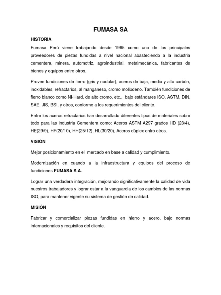 Fumasa S.A | PDF | Cemento | Calidad (comercial)