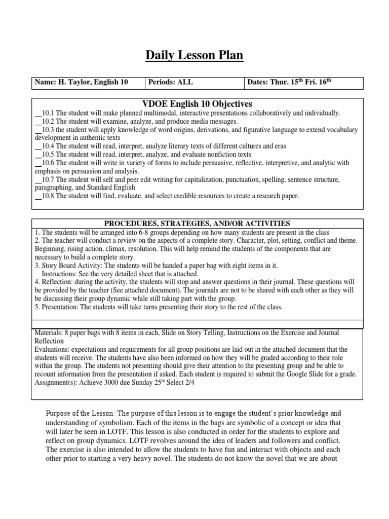 Daily Lesson Plan: VDOE English 10 Objectives | PDF | English Language ...