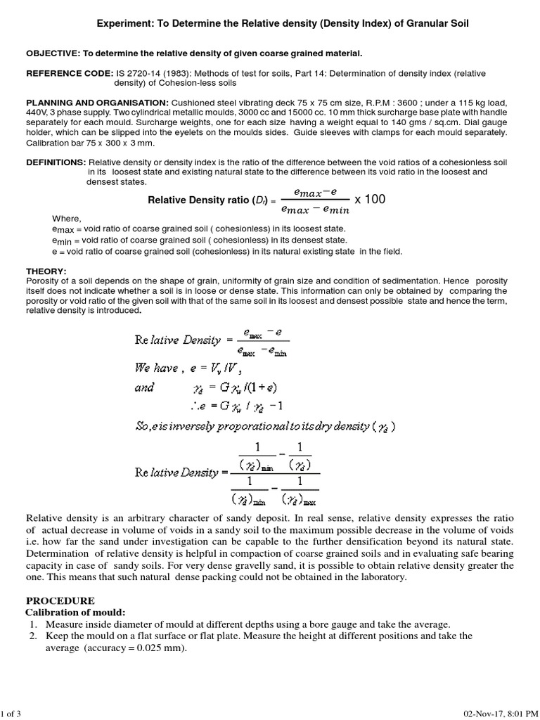 Experiment: To Determine The Relative Density (Density Index) of ...