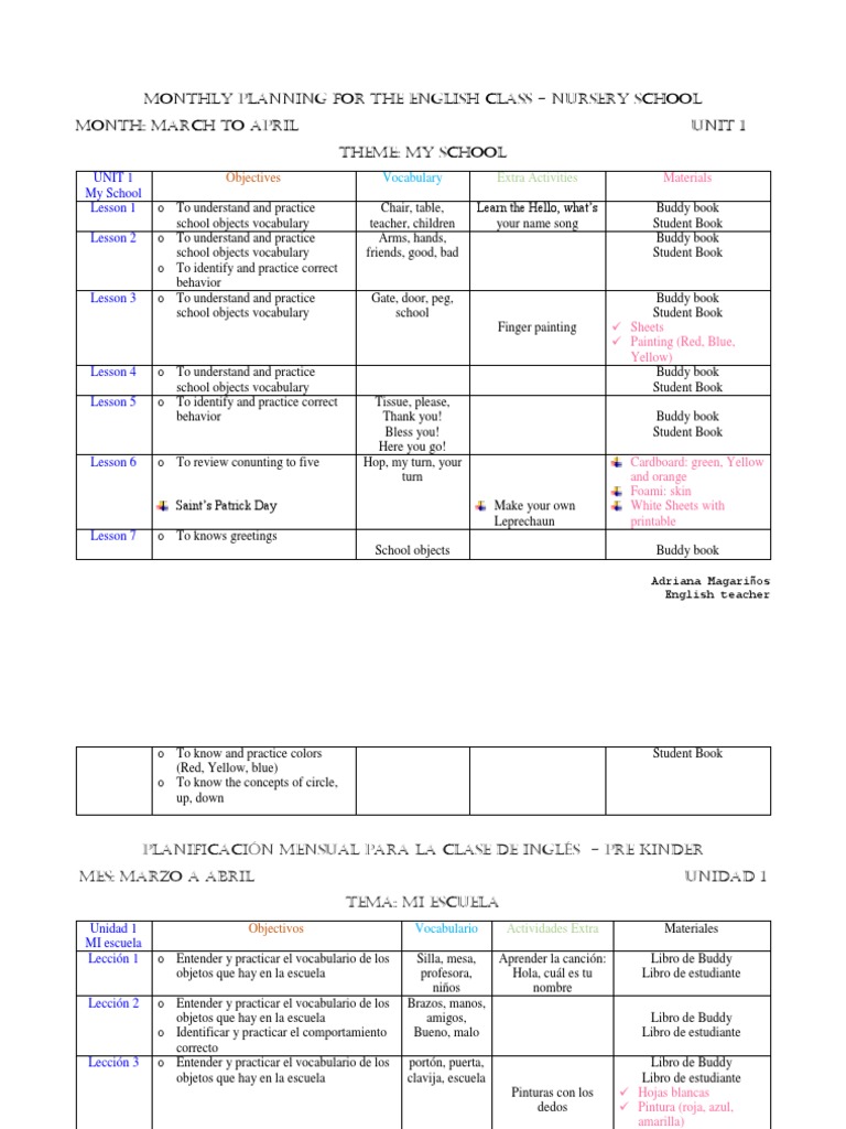 Monthly English Class Plan for Nursery | PDF | Cascading Style Sheets ...