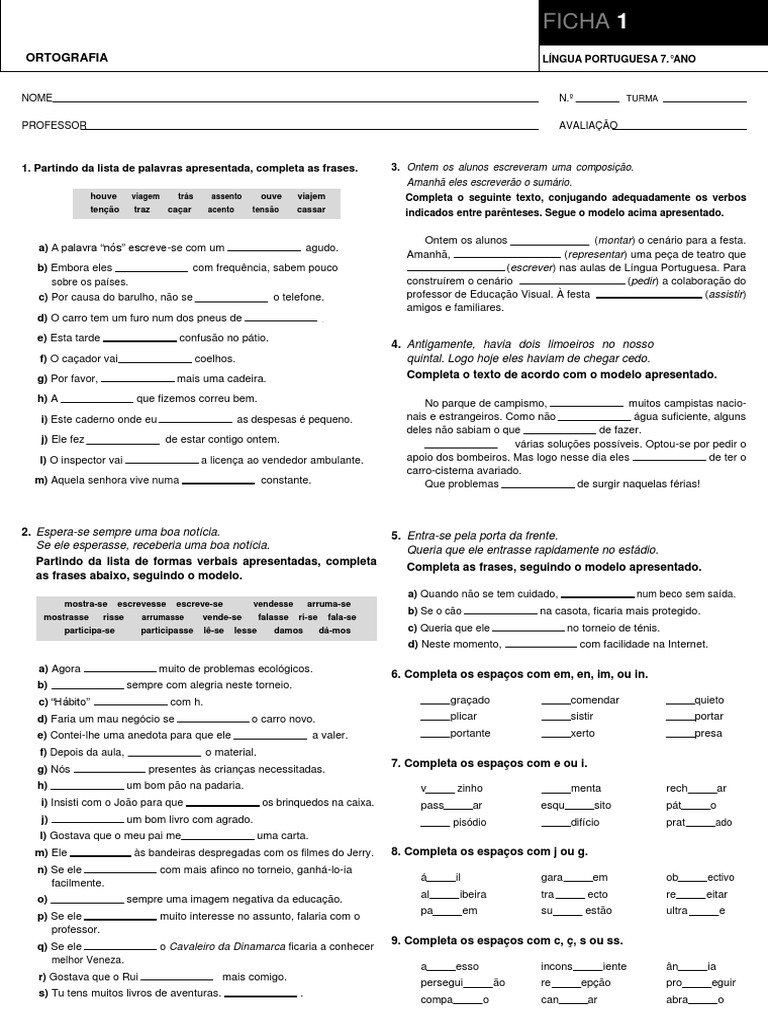 Ficha de gramática 7º ano.pdf | Assunto (Gramática) | Cães