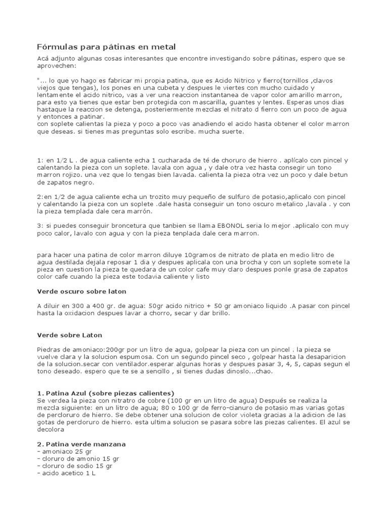 Fórmulas para Pátinas en Metal | PDF | Pintura al óleo | Artes visuales