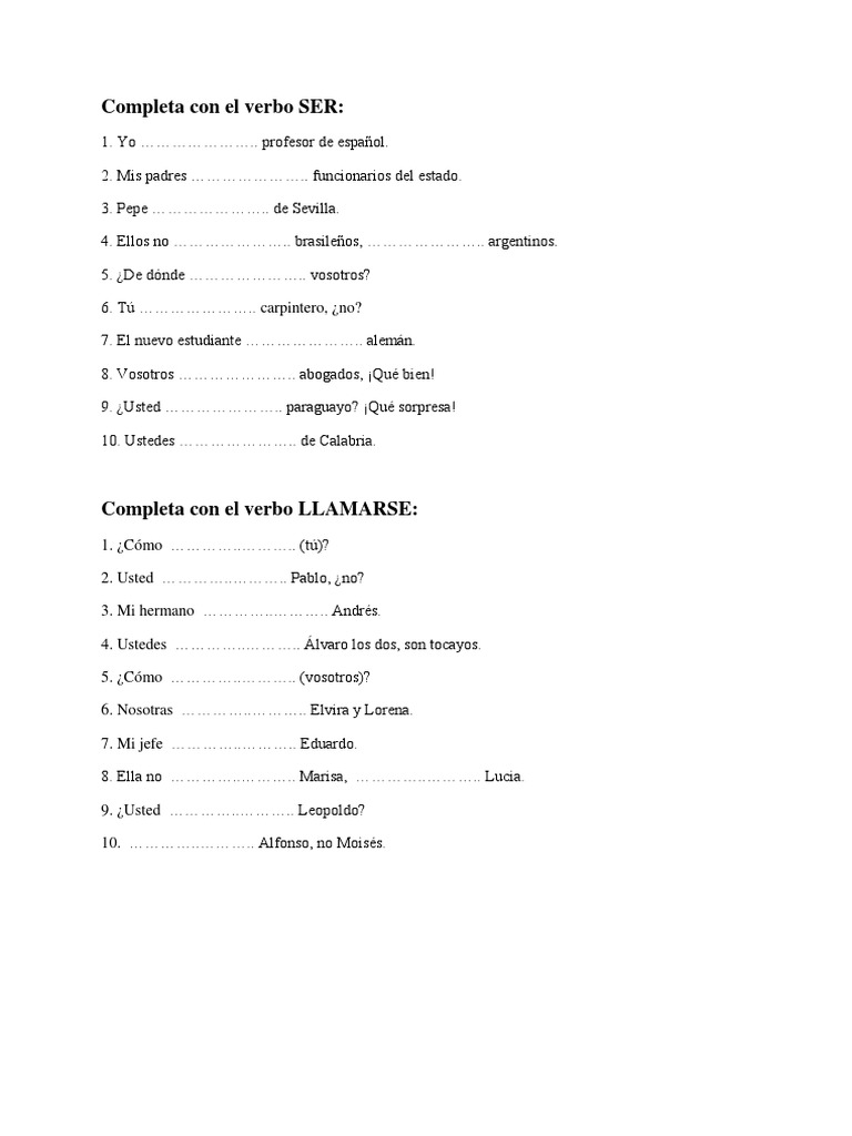 Completa Con El Verbo SER LLAMARSE | PDF