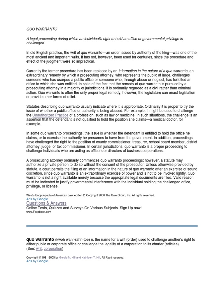 Quo Warranto A Legal Proceeding During Which An Individual's Right To ...