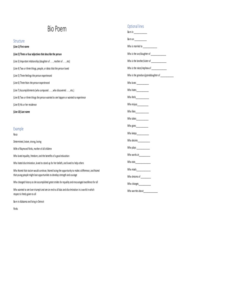 Bio Poem Rubric | PDF | Phrase | Punctuation