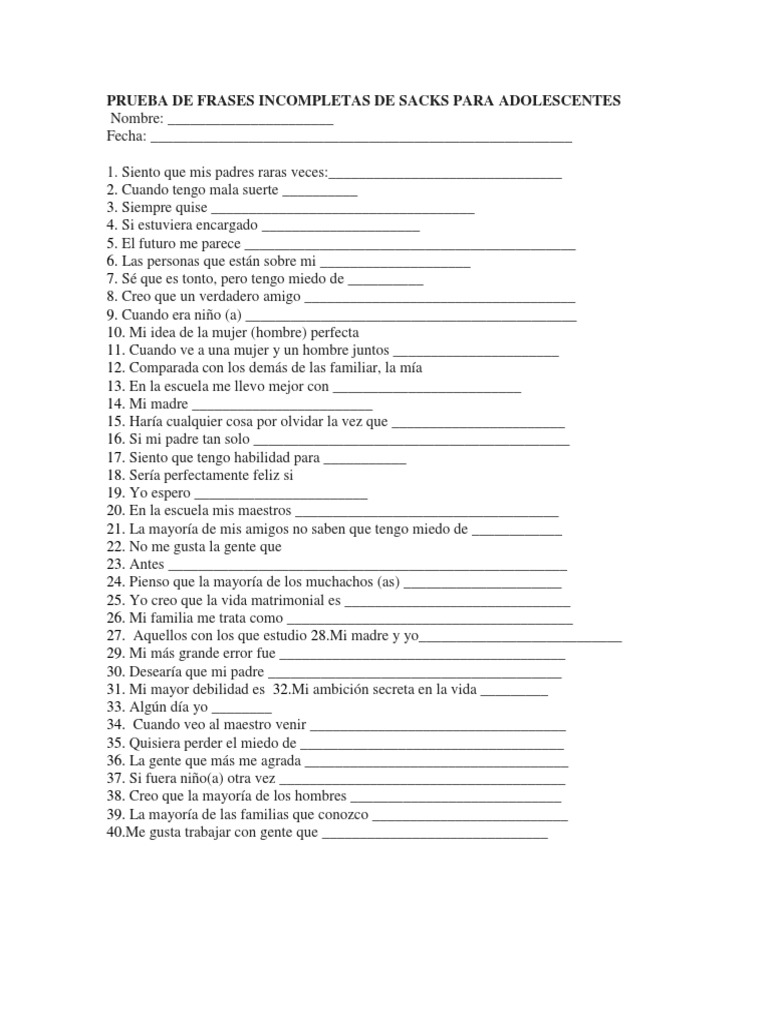 Prueba de Frases Incompletas de Sack Adolescente