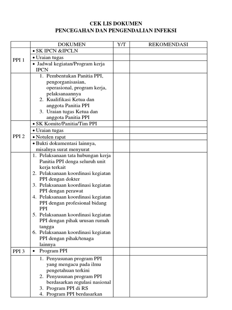 Cek List PPI (Pencegahan Dan Pengendalian Infeksi) | PDF