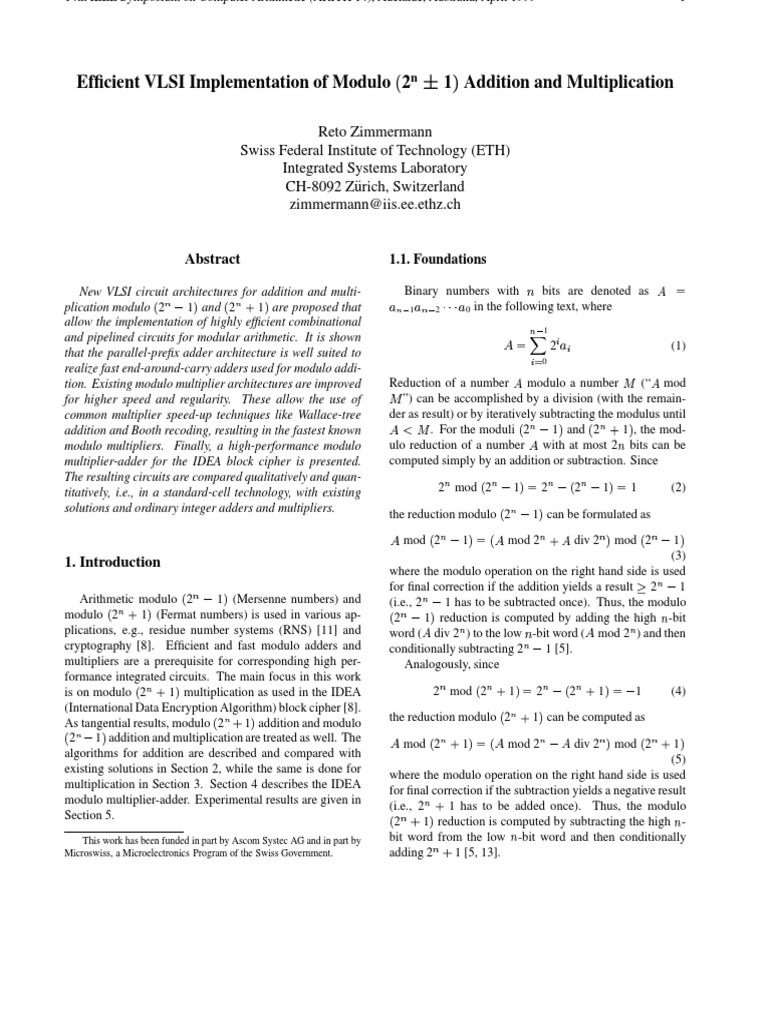 Efficient VLSI Implementation of Modulo 2 1 Addition and Multiplication ...