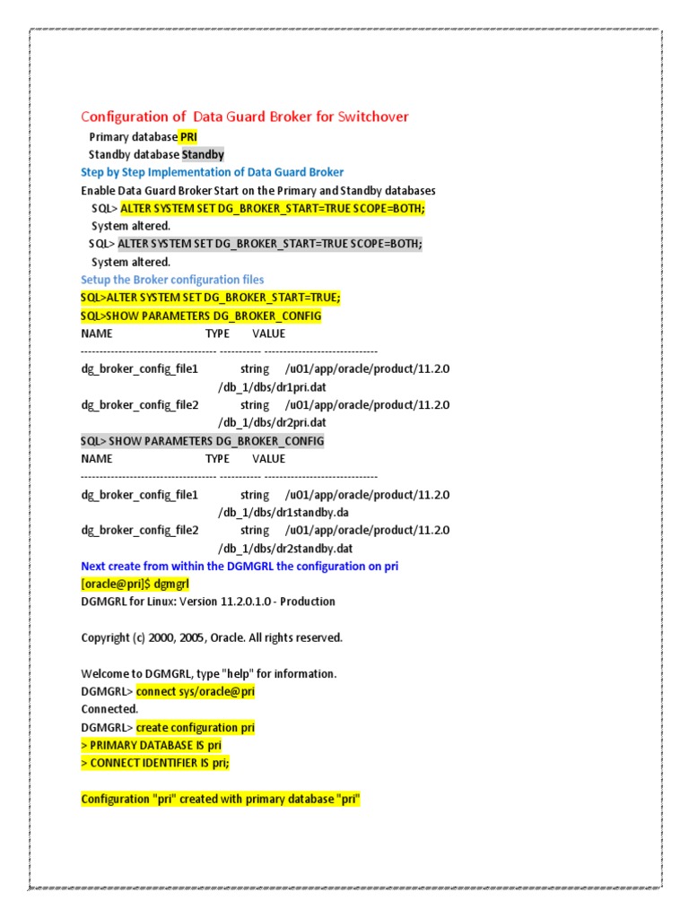 Configuration of Data Guard Broker For Switchover | PDF | Oracle Database | Databases
