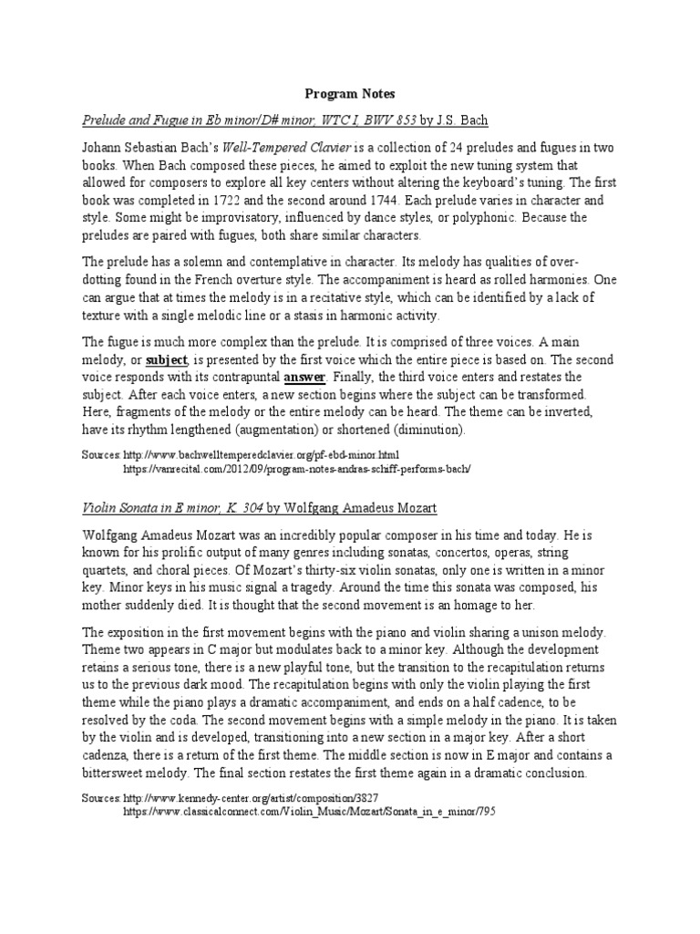 Program Notes For Senior Recital PDF | PDF | The Well Tempered Clavier ...