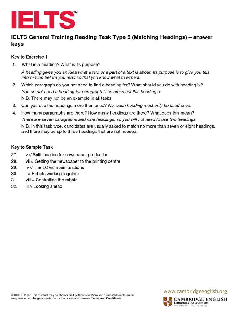 IELTS General Training Reading Task Type 5 (Matching Headings) - Answer ...
