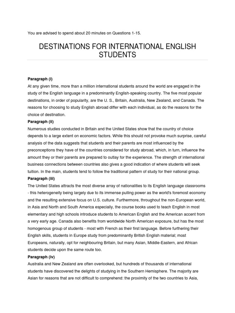 Destinations For International English Students | PDF | English ...