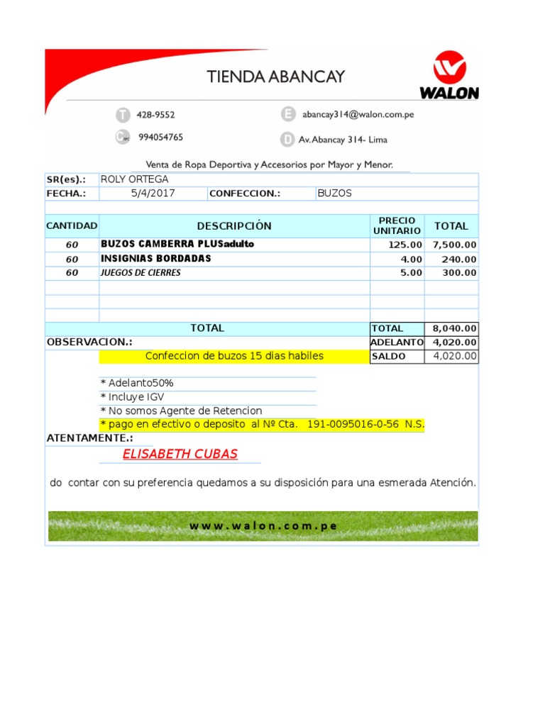 Proforma de Buzos Roly Ortega | PDF | Textiles