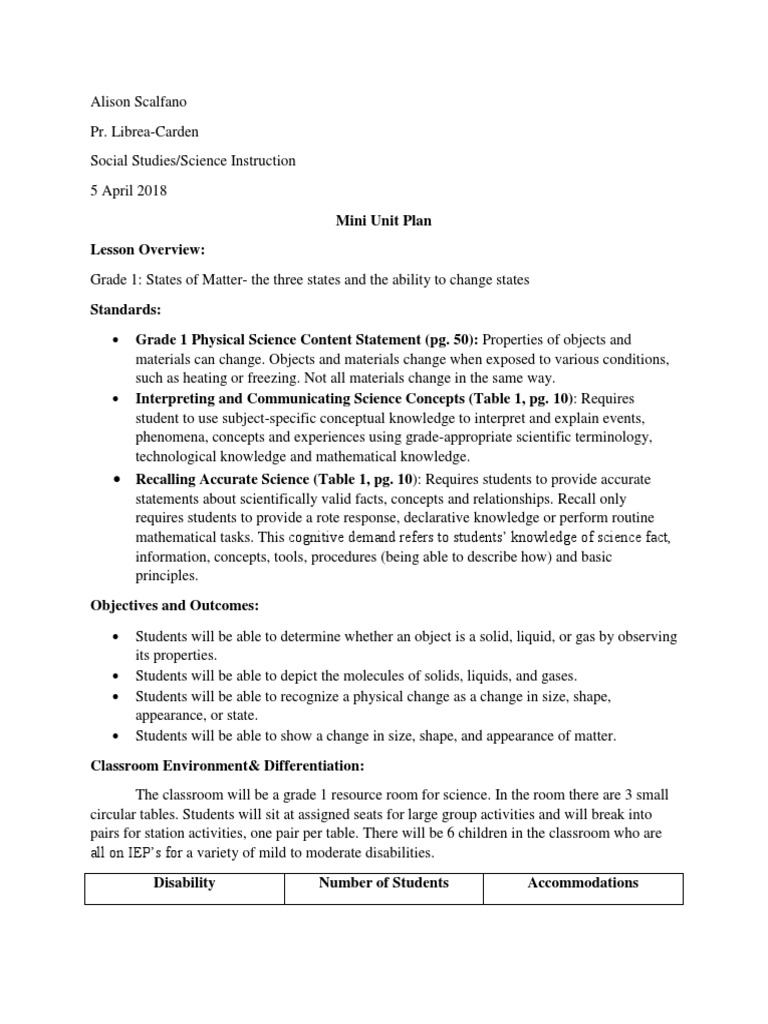 Mini Unit Plan Lesson Overview | PDF | Science | Gases