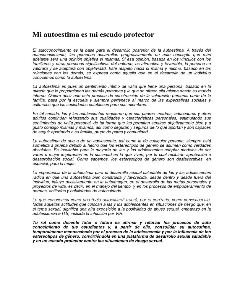 Mi Autoestima Es Mi Escudo Protector | PDF | Familia | Adolescencia