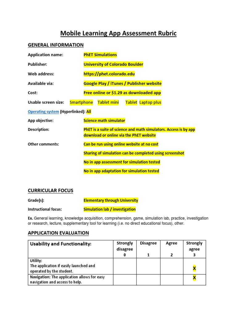 PhET Simulations App Evaluation Rubric | PDF | Mobile App | Educational ...