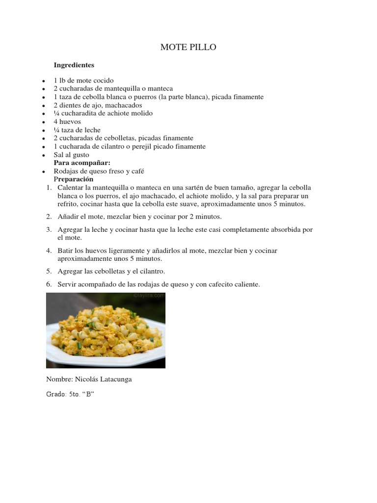 Receta de Mote Pillo Ecuatoriano | PDF