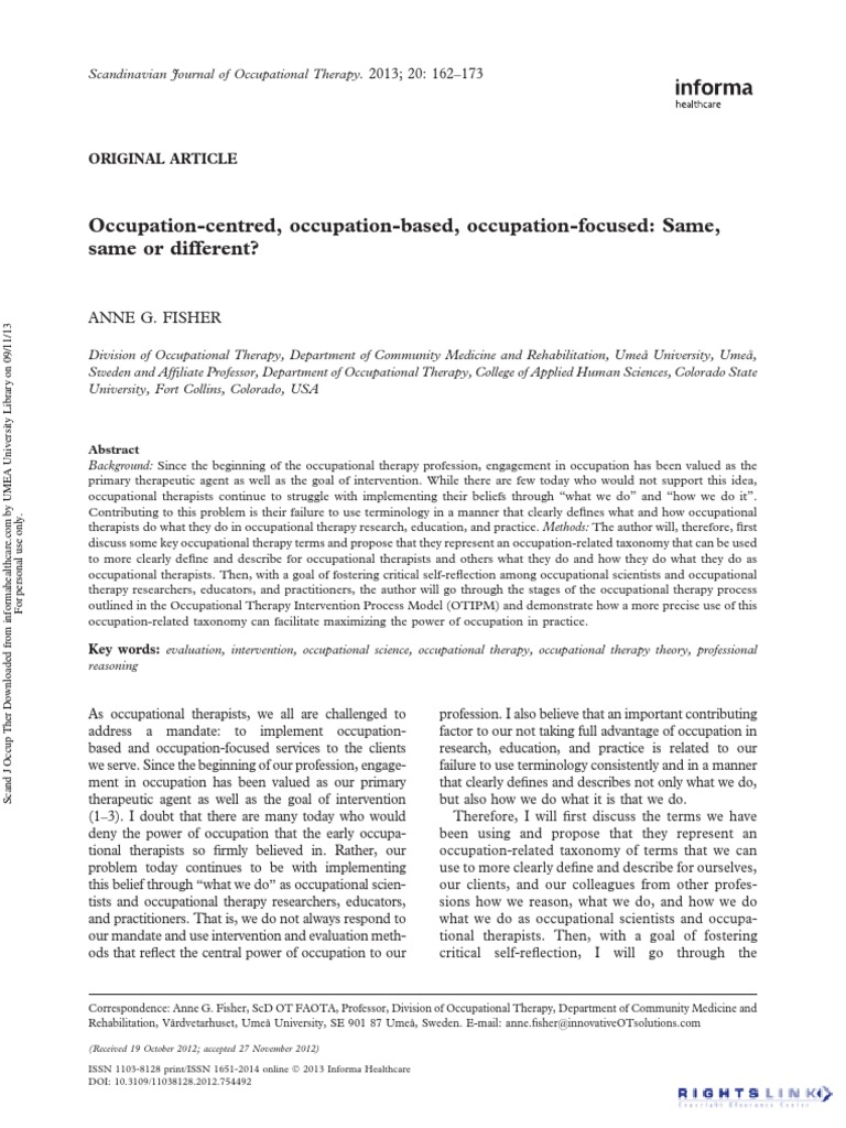 Fisher (2013) Occupation-Centred Occupation-Based Occupation-Focused ...
