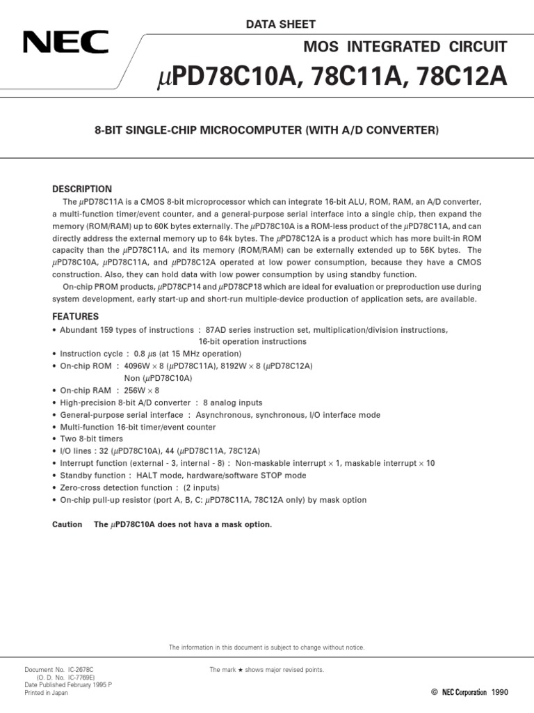 8-Bit Single-Chip Microcomputer With Ad Converter D78c10agq Nec Datasheet PDF | PDF | Analog To ...
