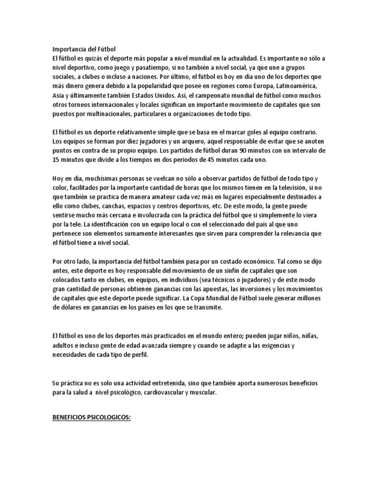Importancia Del Fútbol | PDF | Asociación de Futbol | Ejercicio físico