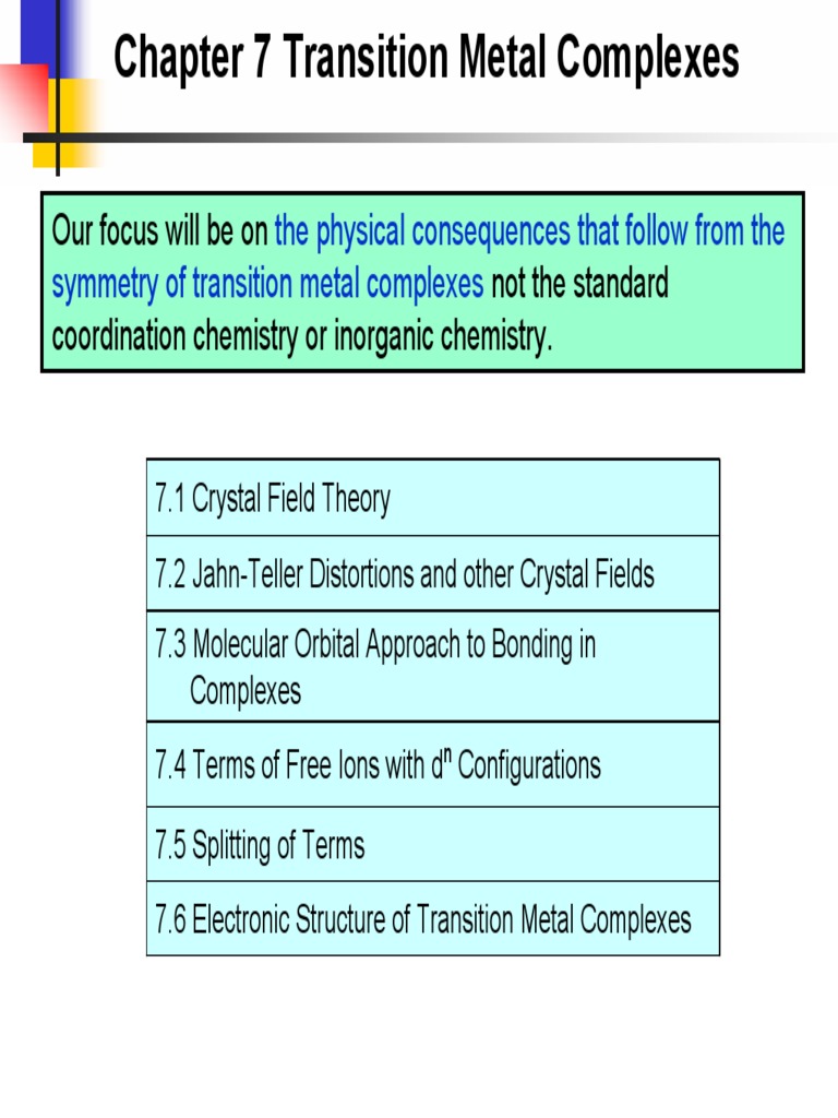 Chapter 7 Transition Metal Complexes | PDF | Molecular Orbital | Coordination Complex
