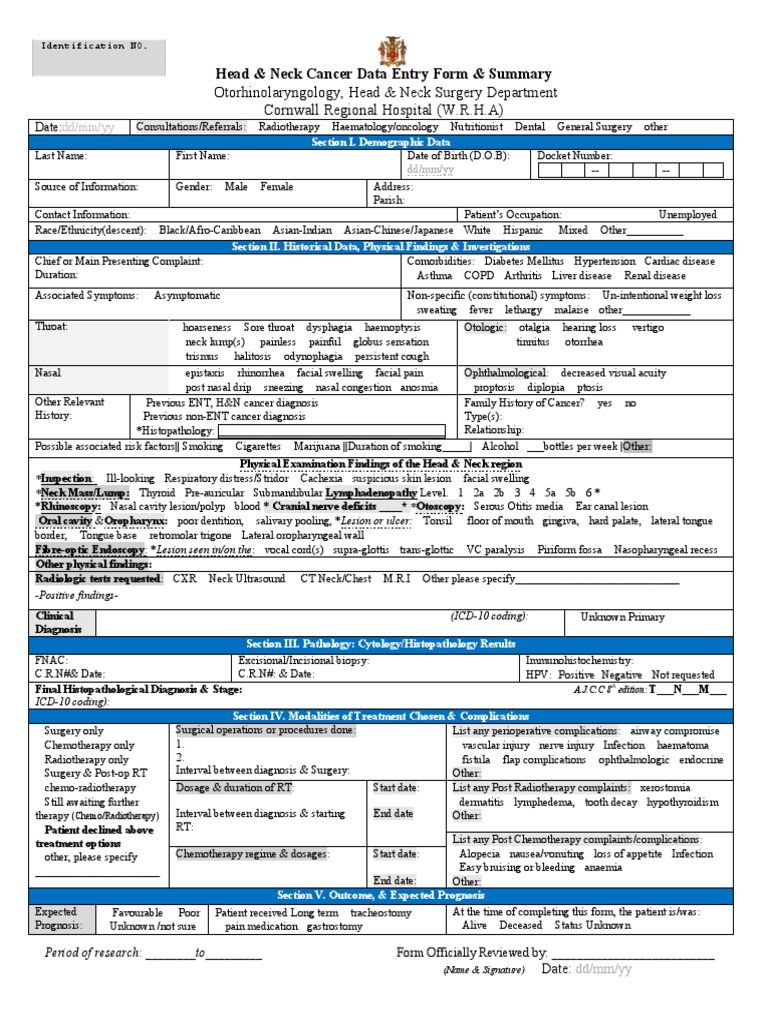 Comprehensive Head and Neck Cancer Data Entry Form and Summary | PDF ...
