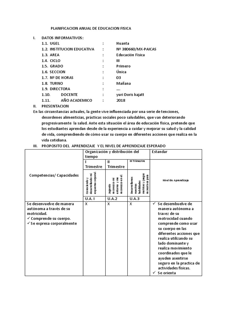 Planificacion Anual de Educacion Fisica | PDF | Educación Física | Aprendizaje