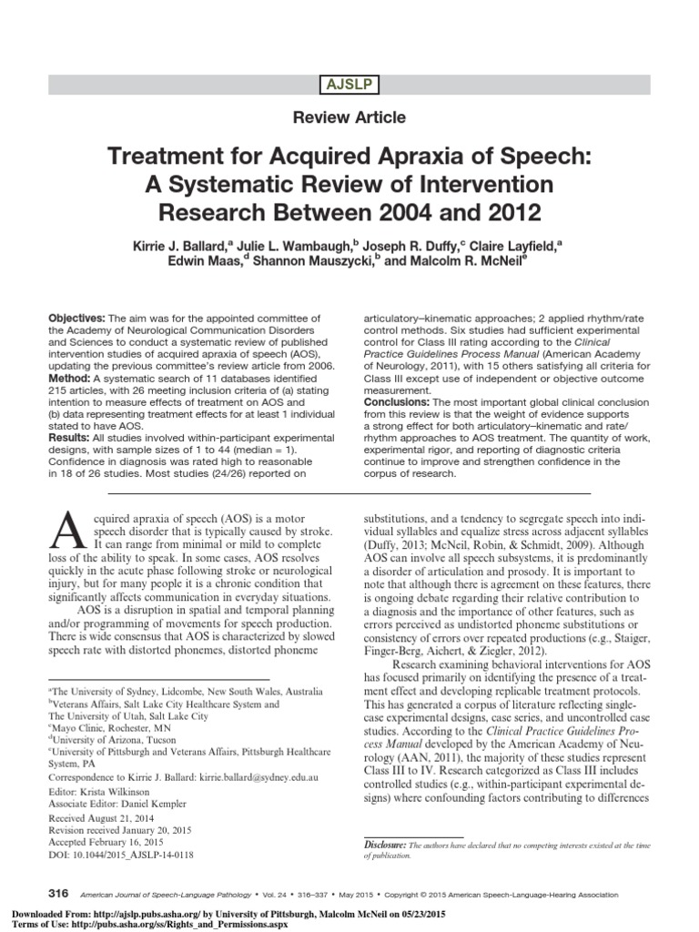 Treatment For Acquired Apraxia of Speech PDF | PDF | Systematic Review ...