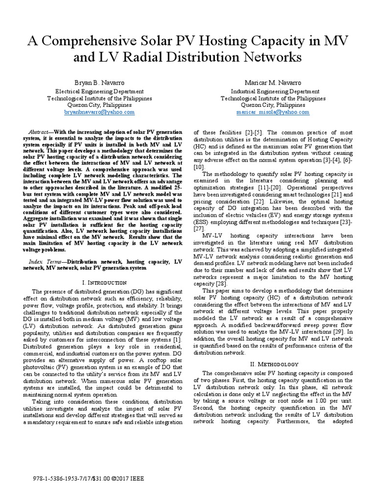 A Comprehensive Solar PV Hosting Capacity in MV and LV Radial Distribution Networks | PDF ...
