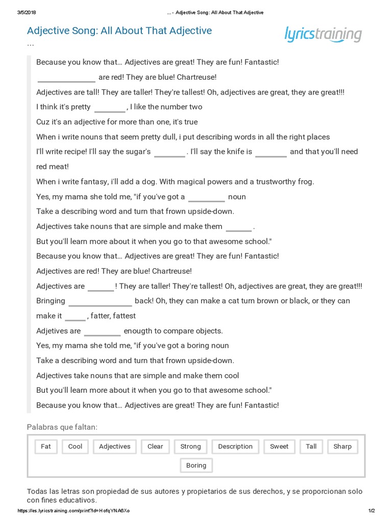 Song - LyricsTraining | PDF | Adjective | Linguistic Typology
