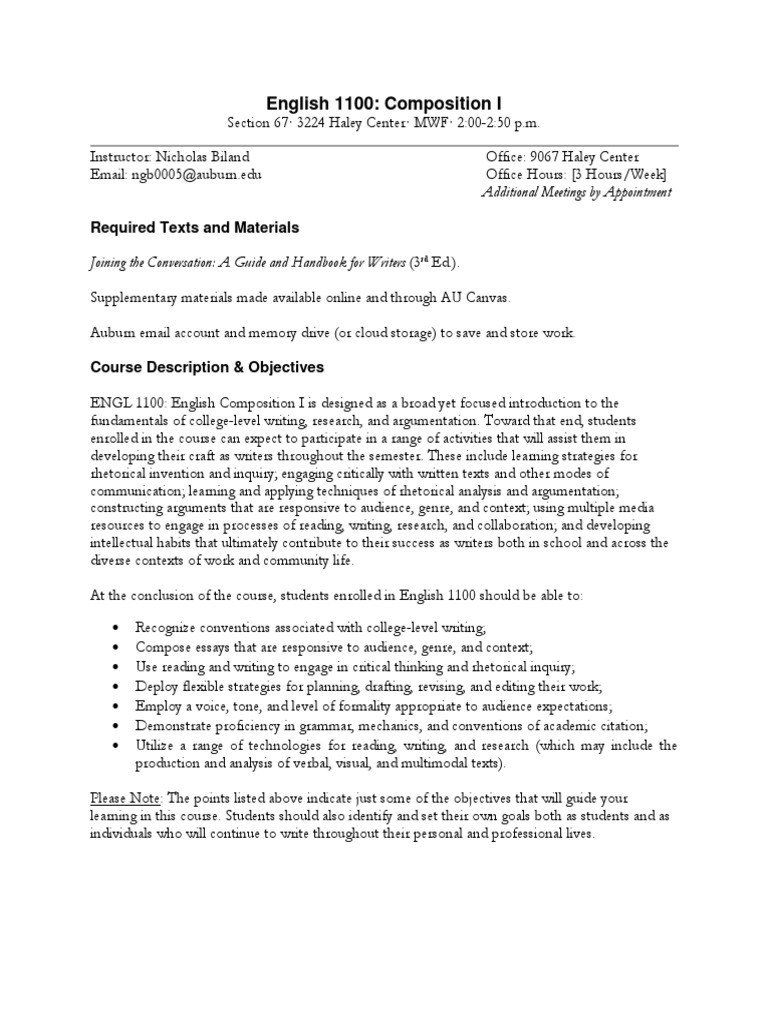 English 1100: Composition I Syllabus | PDF | Rhetoric | Accessibility