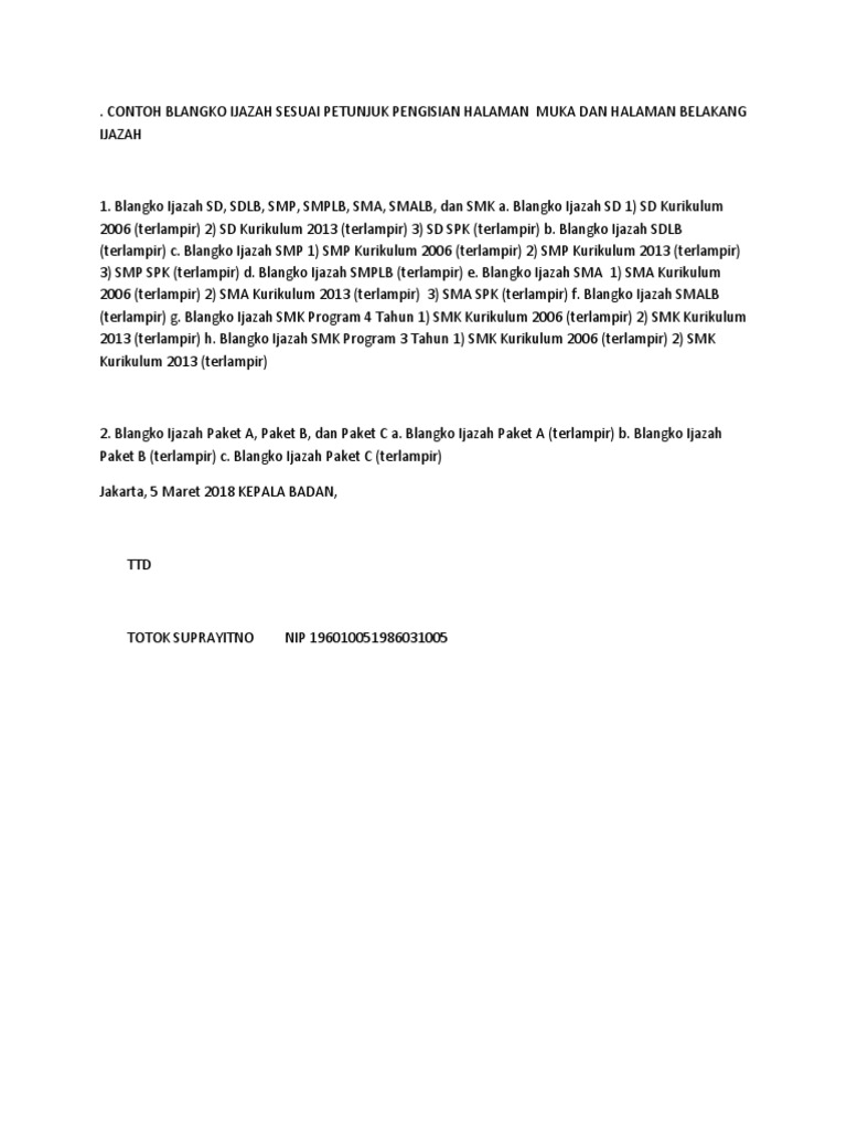 Contoh Blangko Ijazah Sesuai Petunjuk Pengisian Halaman Muka Dan Halaman Belakang Ijazah | PDF